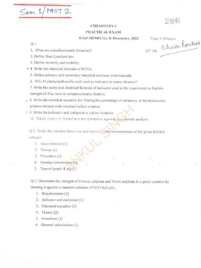 Inorganic Chemistry Practical Pyq. | PDF