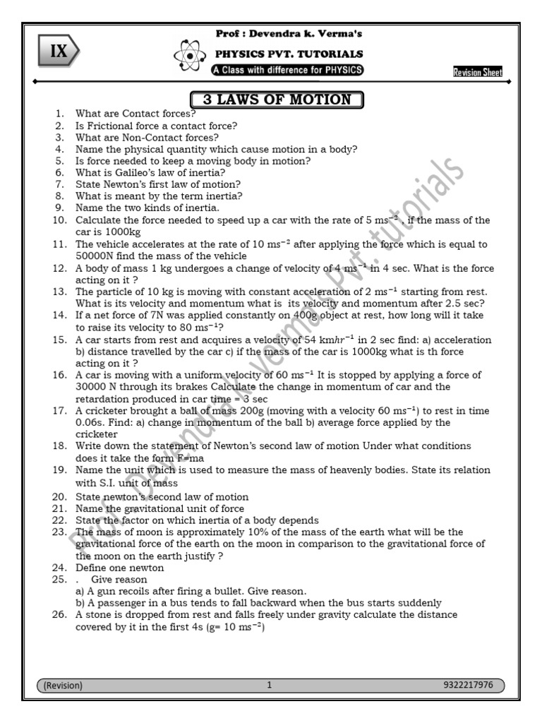9th CHP 3 Revision Sheet | PDF | Force | Inertia