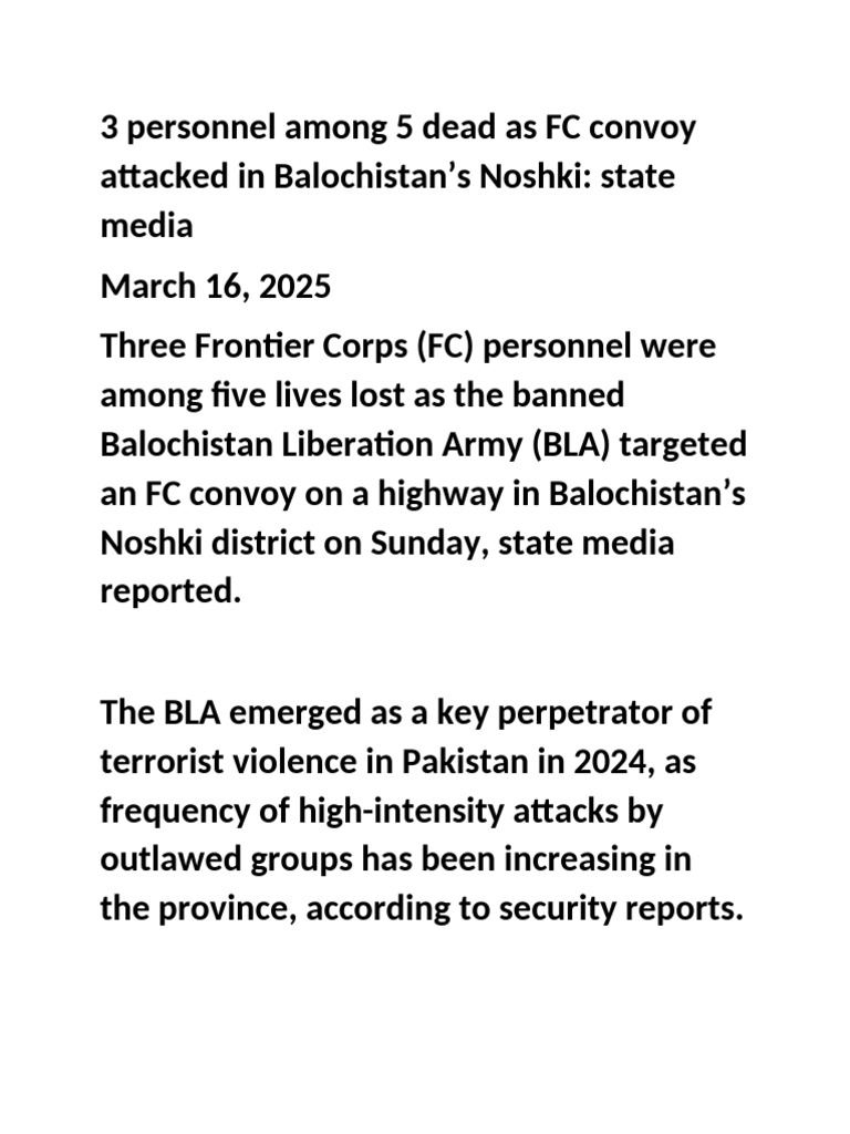3 Personnel Among 5 Dead As FC Convoy Attacked in Balochistan | PDF ...