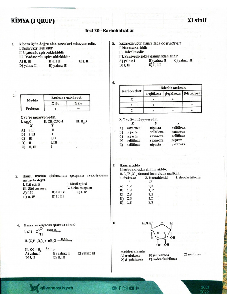 1-Ci Qrup. Quiz 20. Karbohidratlar. | PDF