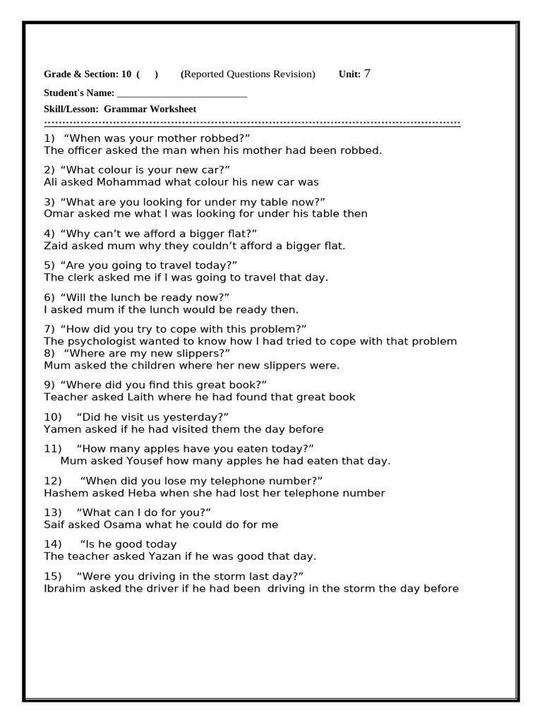 Revision Reported Speech Questions WH Answers | PDF
