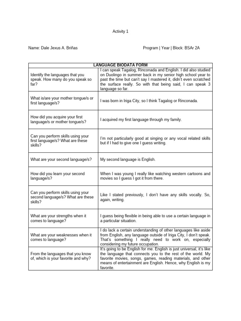 Activity 1 - Language Biodata Form | PDF | English Language | Human ...