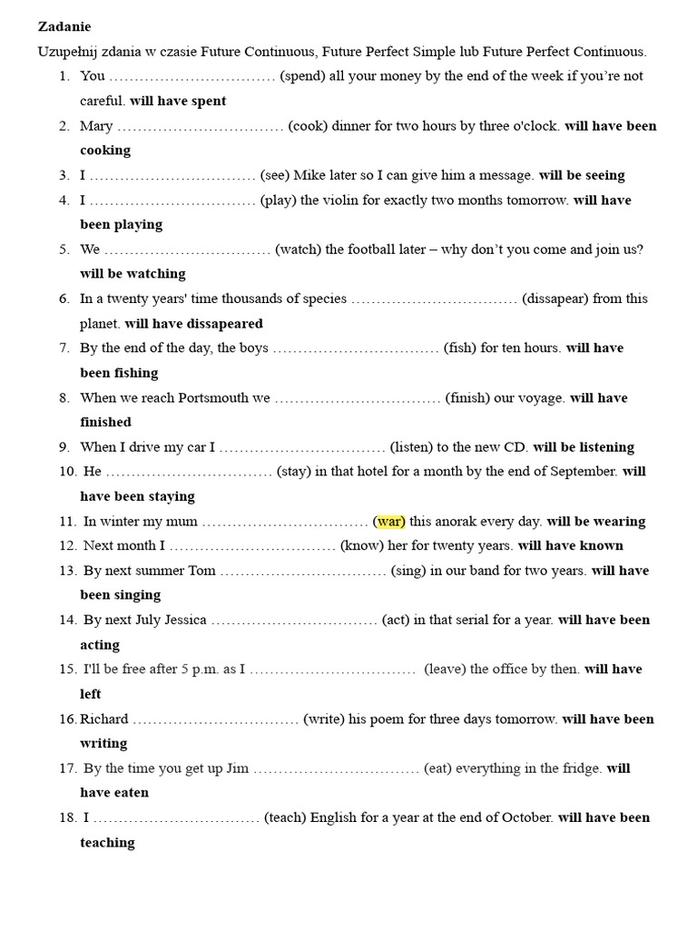 Future Continuous, Future Perfect Simple, Future Perfect Continuous ...