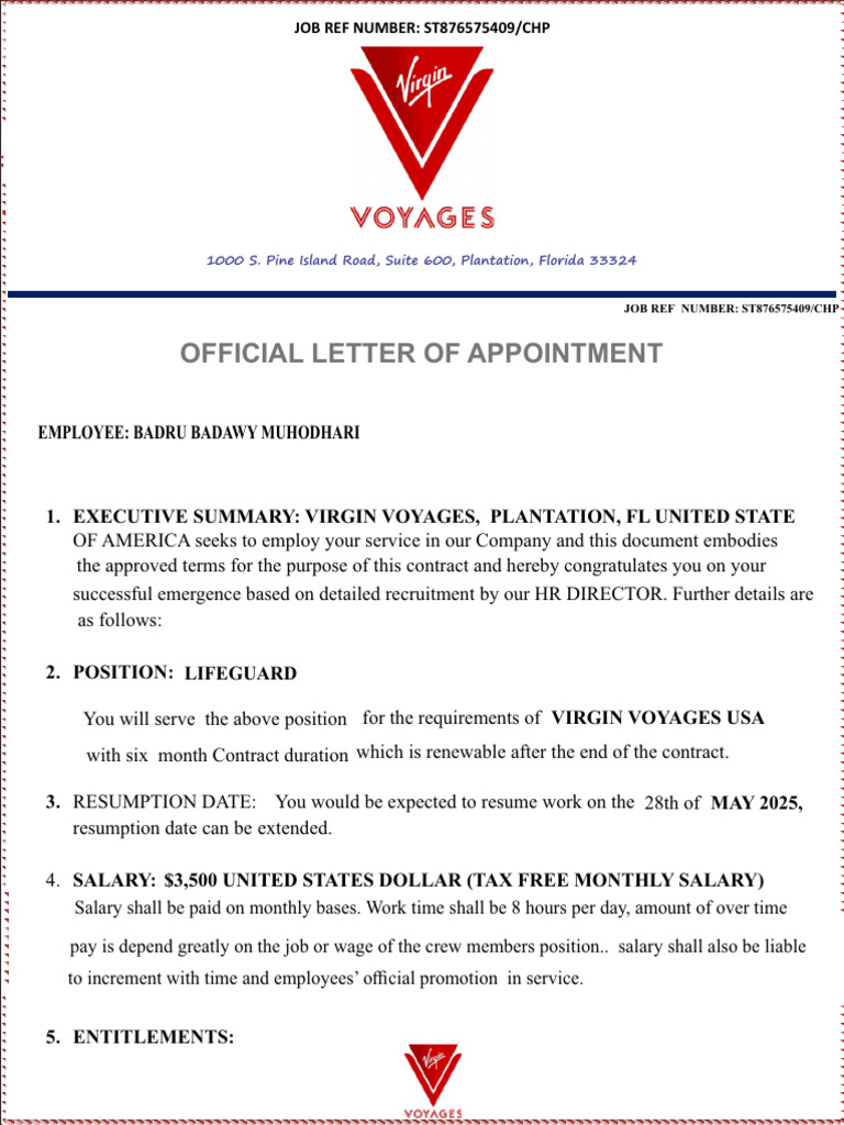 Virgin Voyages Offer Letter of Appointment Corel | PDF | Employment ...