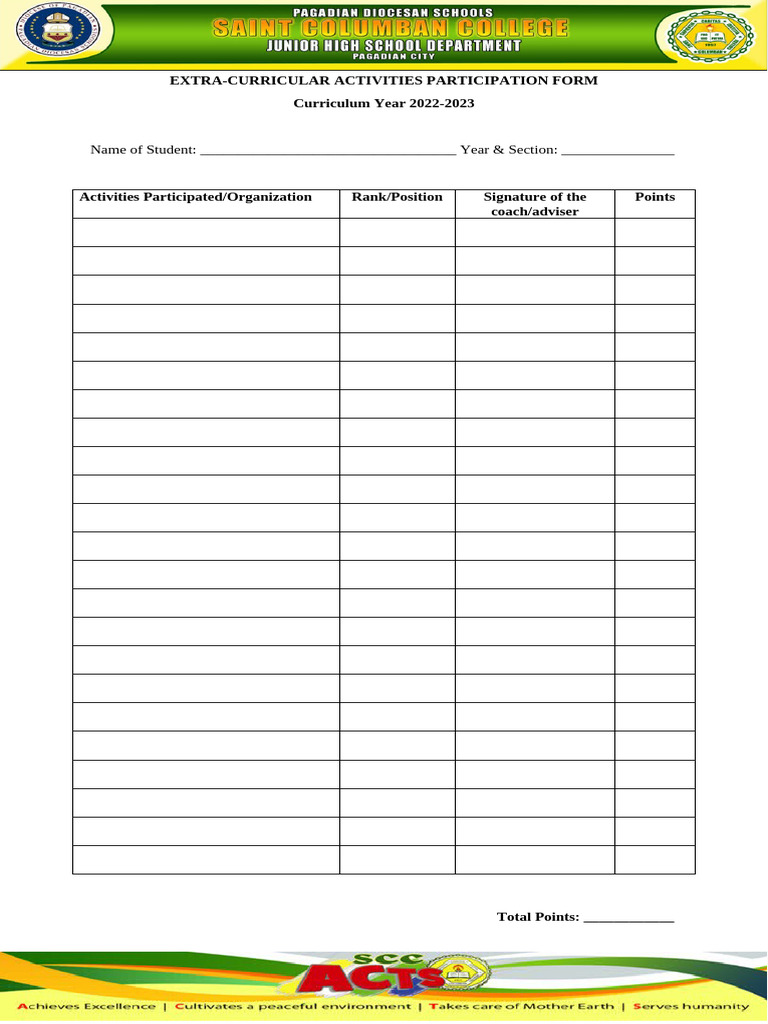 Extra-Curricular Activities Form 2022-23 | PDF
