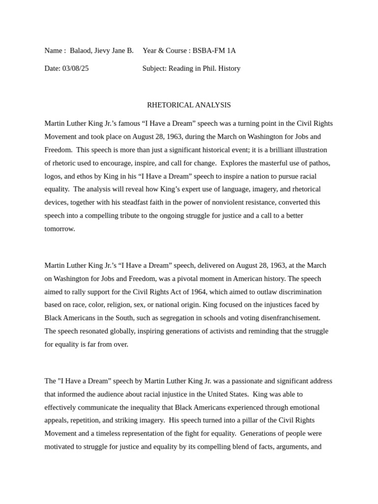 Rhetorical Analysis of King's Speech | PDF | Martin Luther King Jr.