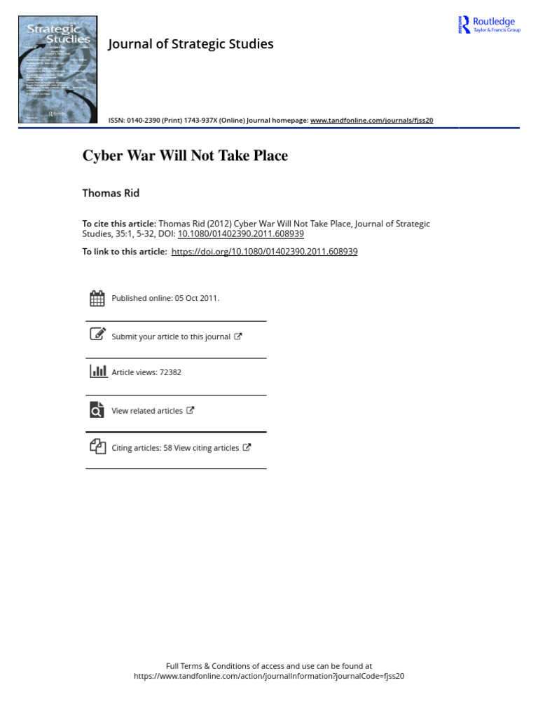Cyber War Will Not Take Place | PDF | Cyberwarfare | Security