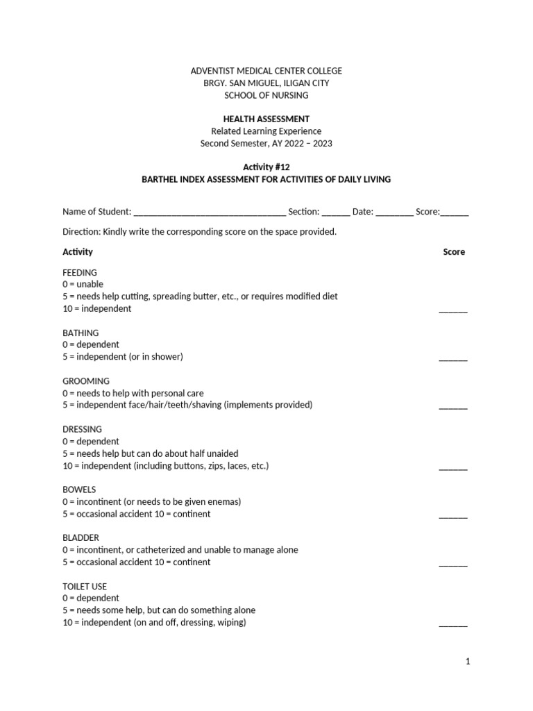 Ha Activity12 Barthel | PDF | Clinical Medicine | Health Care