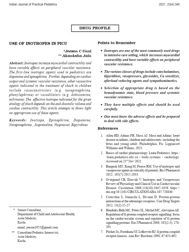 Inotropes Use in Pediatric ICU Care | PDF | Shock (Circulatory) | Angiology