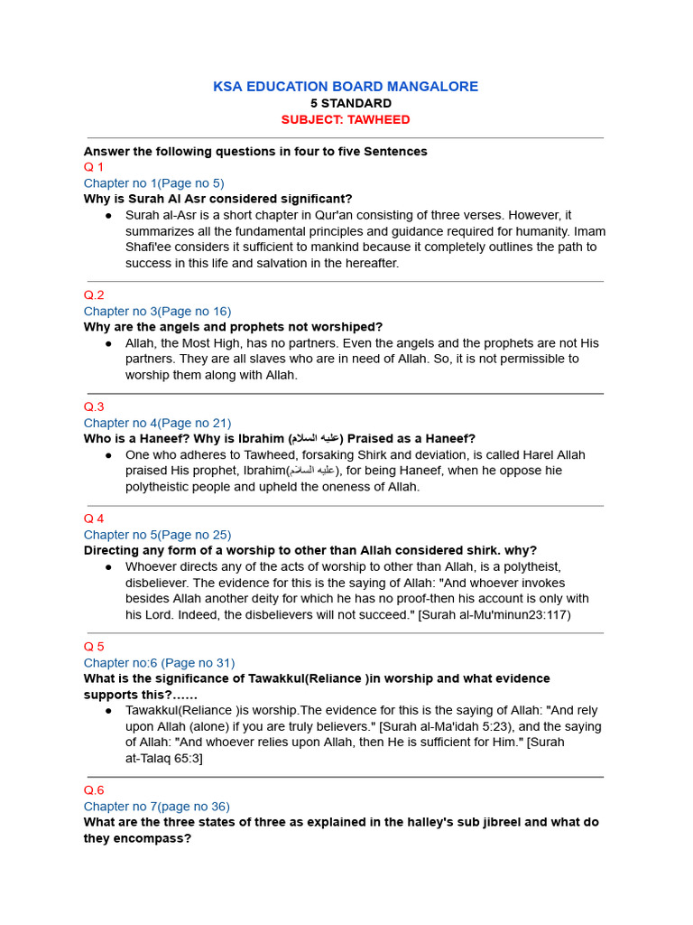 5 Standard Tawheed Worksheet | PDF | Prophets And Messengers In Islam ...