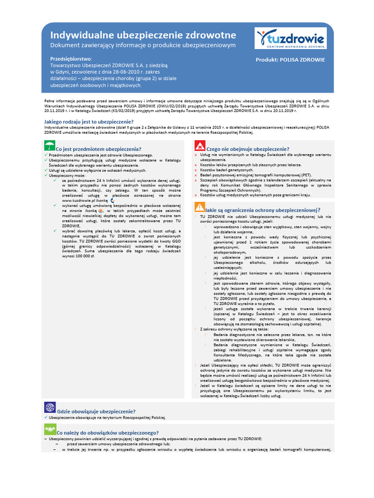 Dokument Zawierający Informacje o Produkcie Ubezpieczeniowym - Polisa Zdrowie | PDF