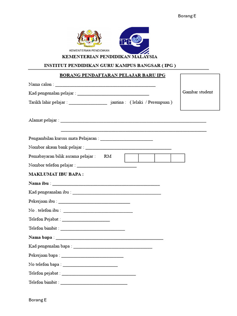 Borang Pendaftaran Student Baru IPG | PDF