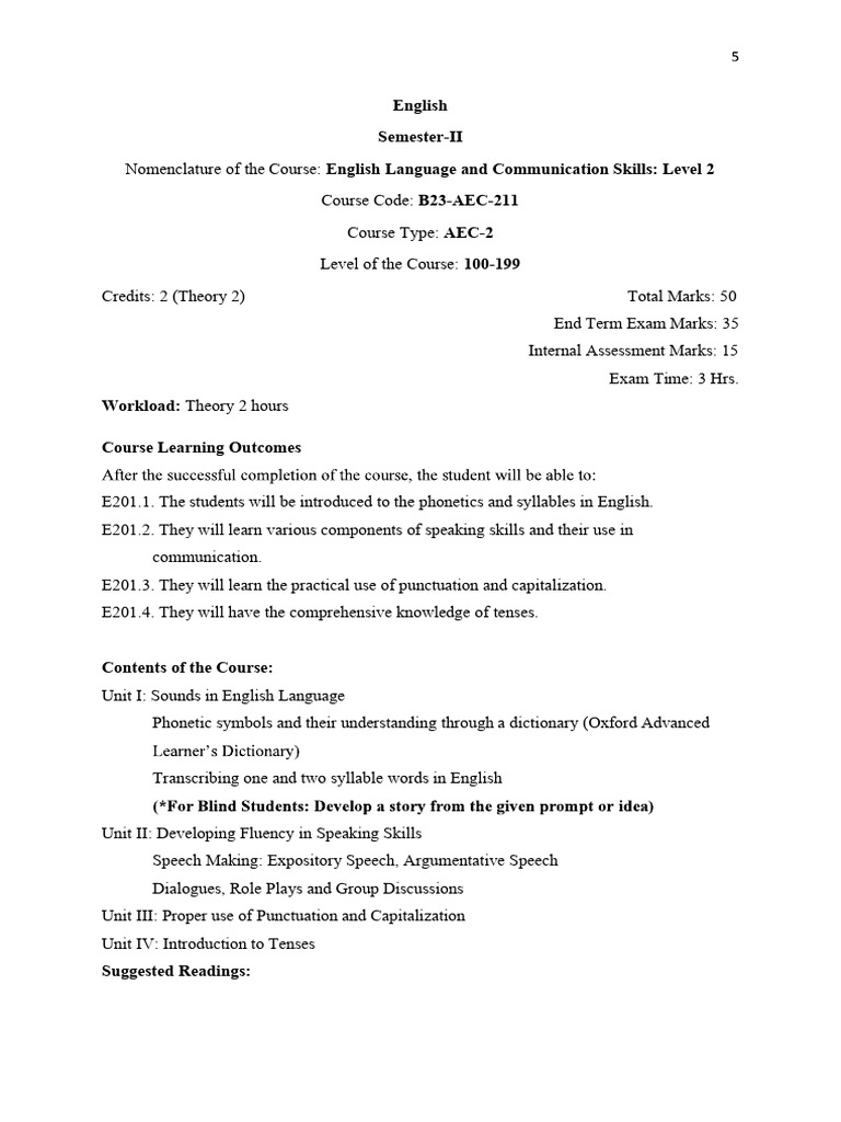 AEC English Semester 2 Syllabus | PDF | English Language | Linguistics