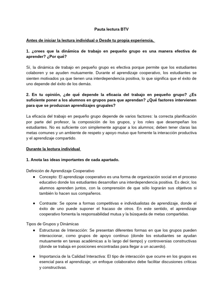 Pauta Lectura BTV | PDF | Aprendizaje | Maestros