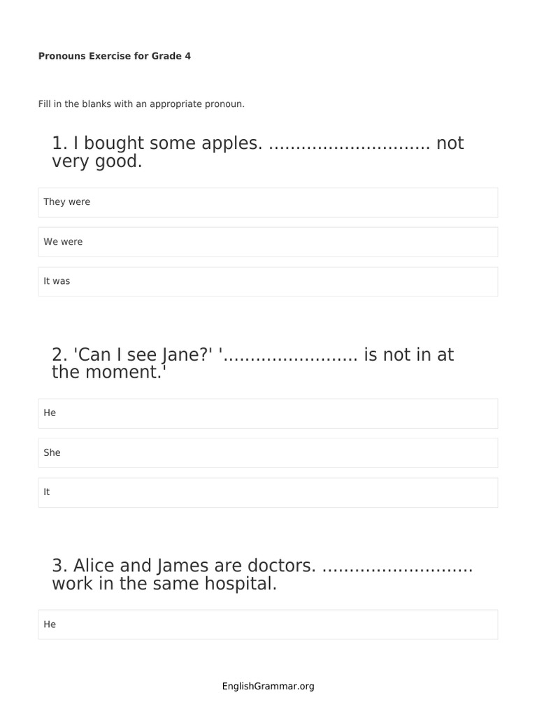 Pronouns Exercise For Grade 4 | PDF
