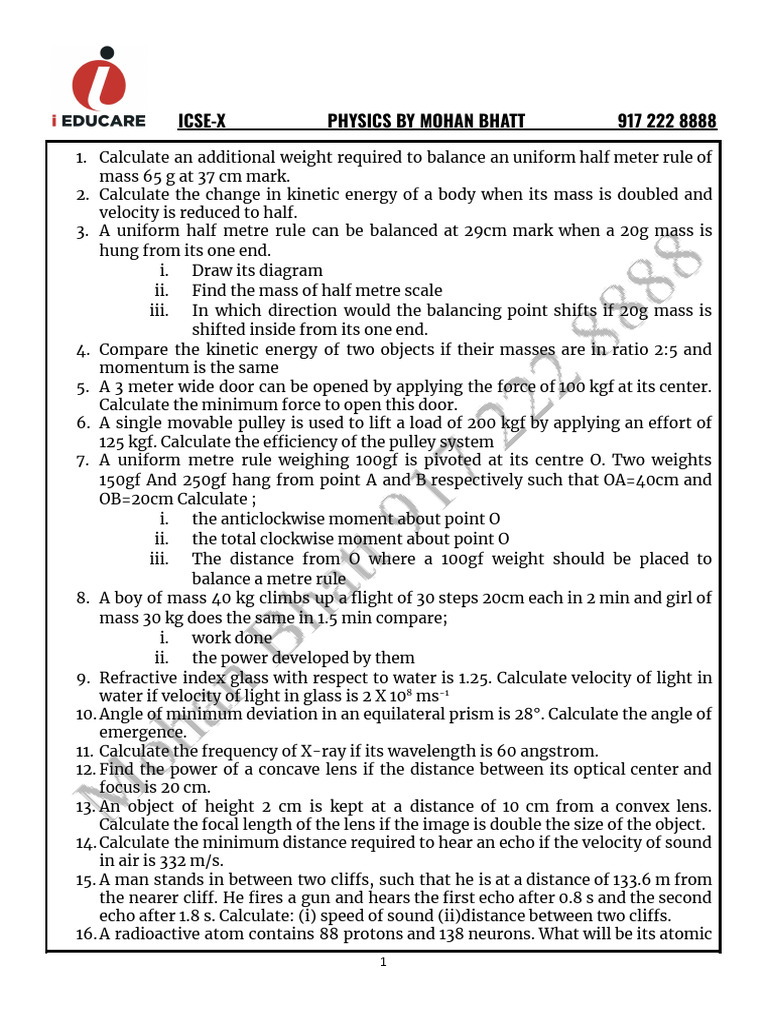 10 ICSE Physics 100 Numericals | PDF | Resistor | Refraction
