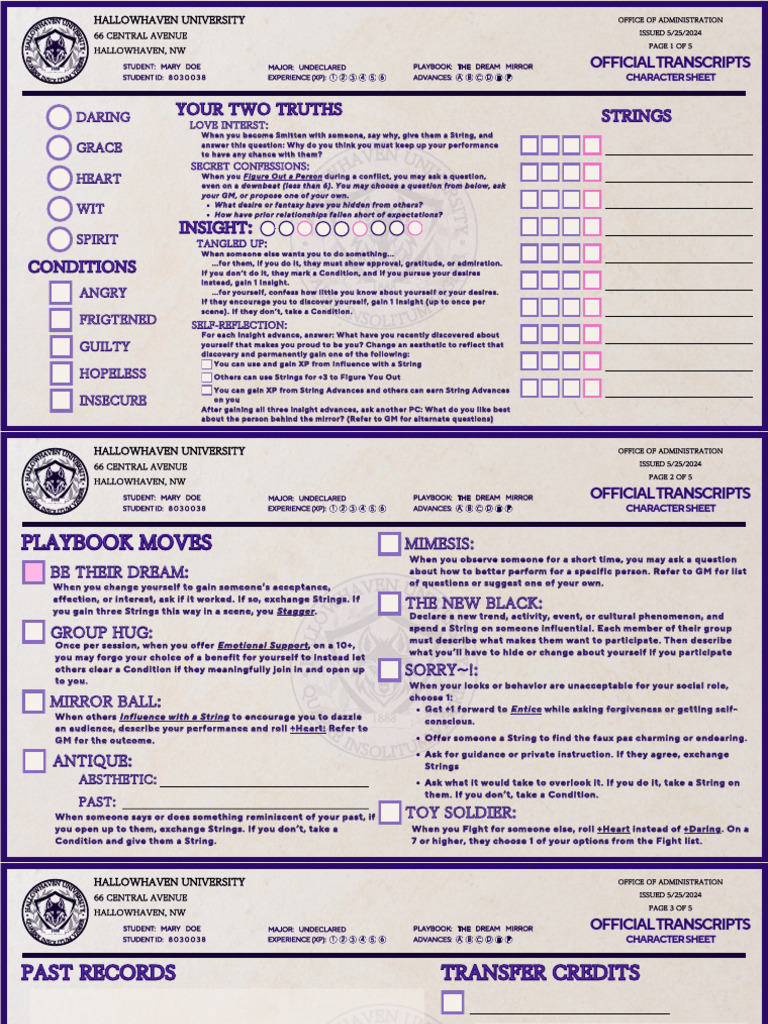 Dream Mirror Character Sheet | PDF | Psychology