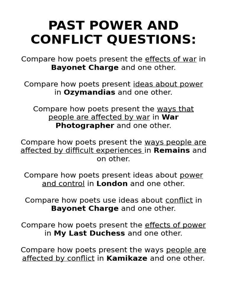 Power and Conflict Poetry Questions | PDF