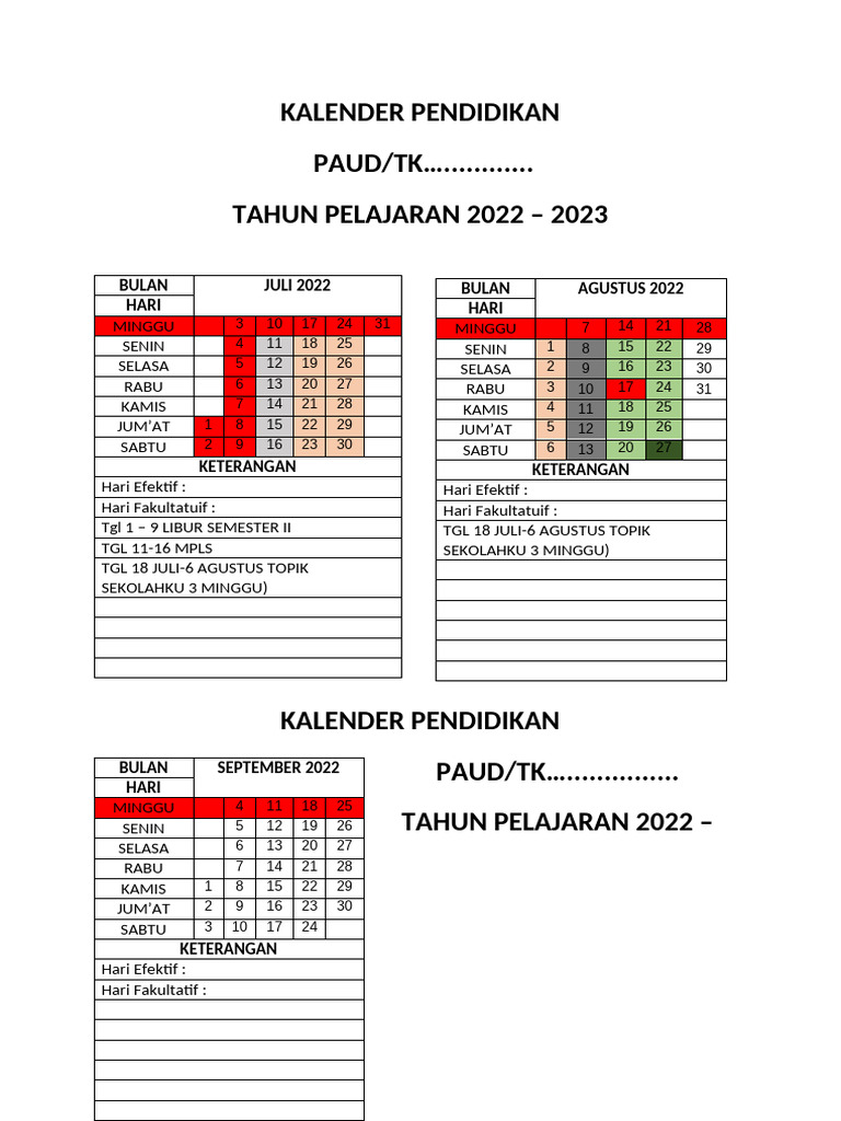 Kalender Pendidikan PAUD 2022-2023 | PDF