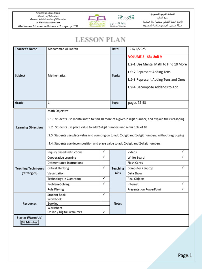 Grade 1 Math Lesson Plan Overview | PDF | Lesson Plan | Worksheet