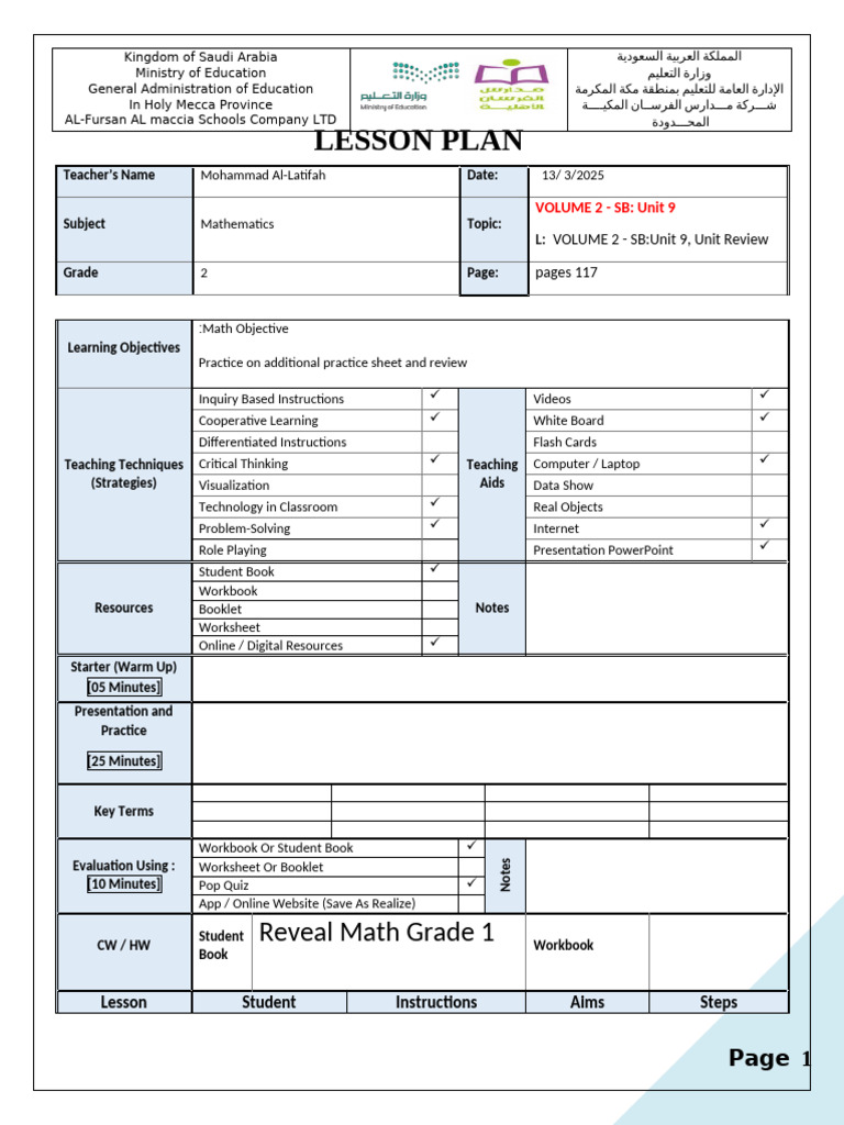 Lesson Plan 13-3-2025 - G2 | PDF | Worksheet | Lesson Plan