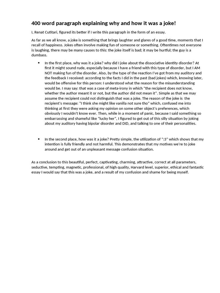 400 Word Paragraph Explaining Why and How It Was A Joke | PDF