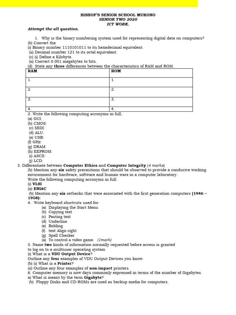 ICT Exam Questions for Senior Two Students | PDF | Computer Data ...