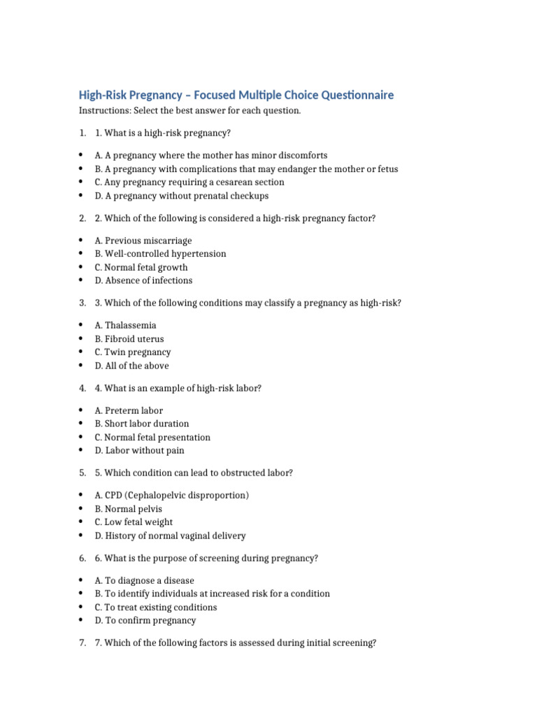 High Risk Pregnancy Questionnaire | PDF | Pregnancy | Childbirth