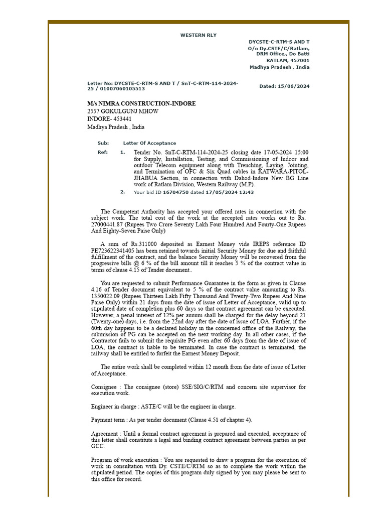 Letter of Acceptance for Telecom Work | PDF | Electrical Connector ...