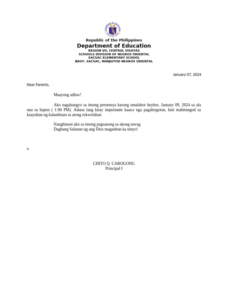 Letter To Parents | PDF