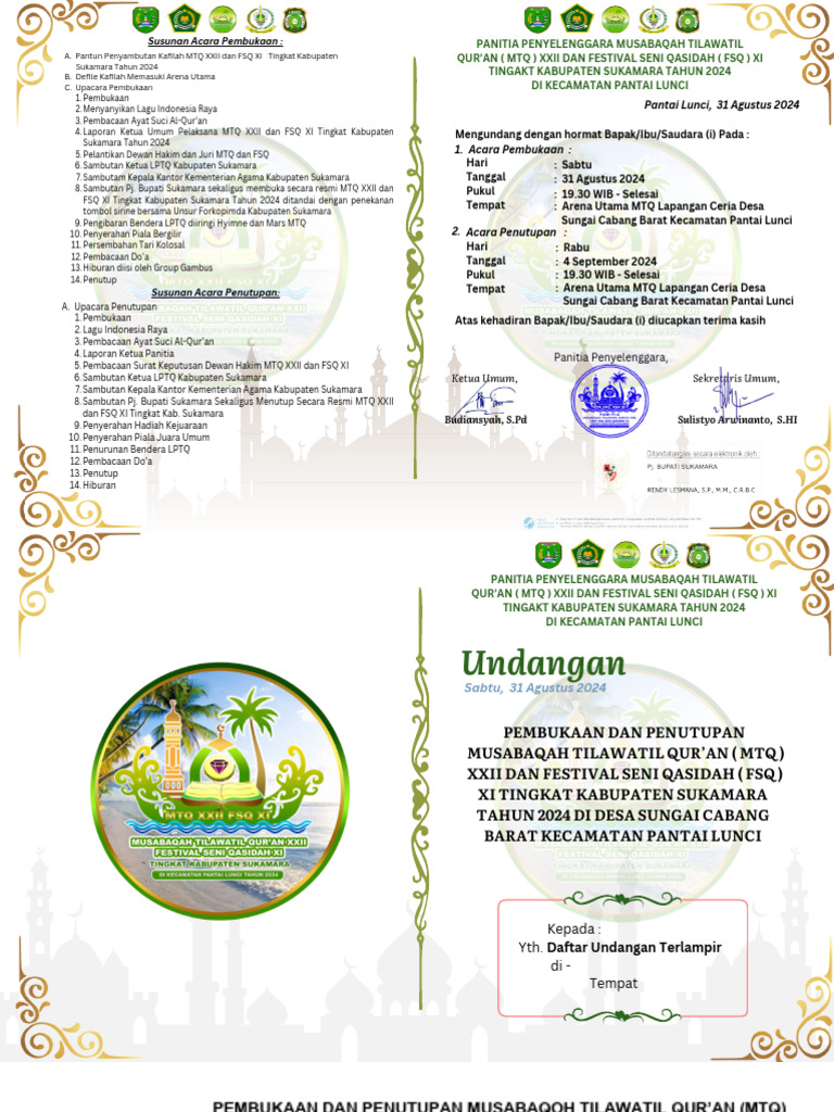 Undangan Pembukaan Dan Penutupan MTQ PANTAI | PDF