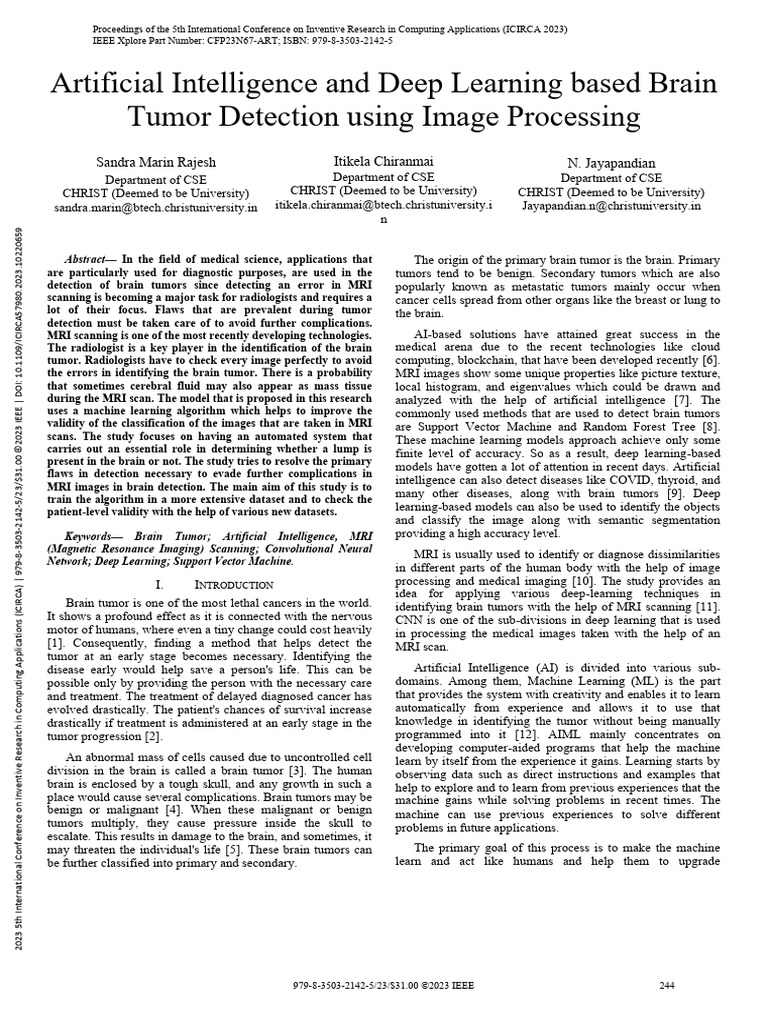 Artificial Intelligence And Deep Learning Based Brain Tumor Detection