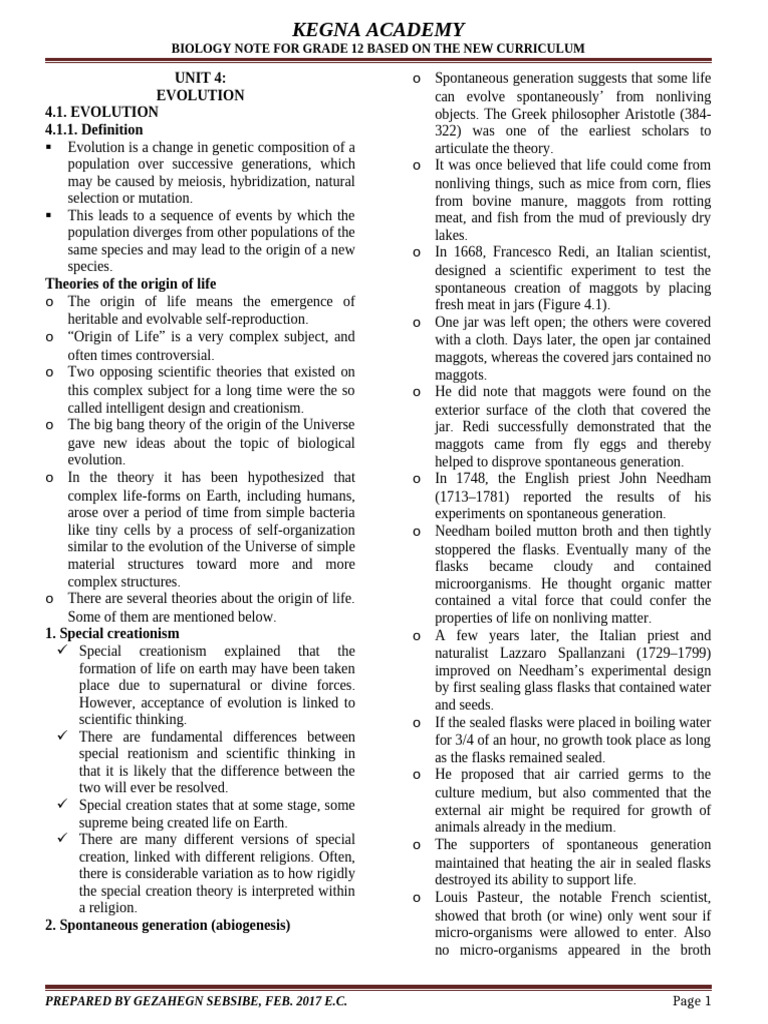 BIOLOGY NOTE UNIT 4_ EVOLUTION FOR GRADE 12 | PDF | Evolution | Natural ...