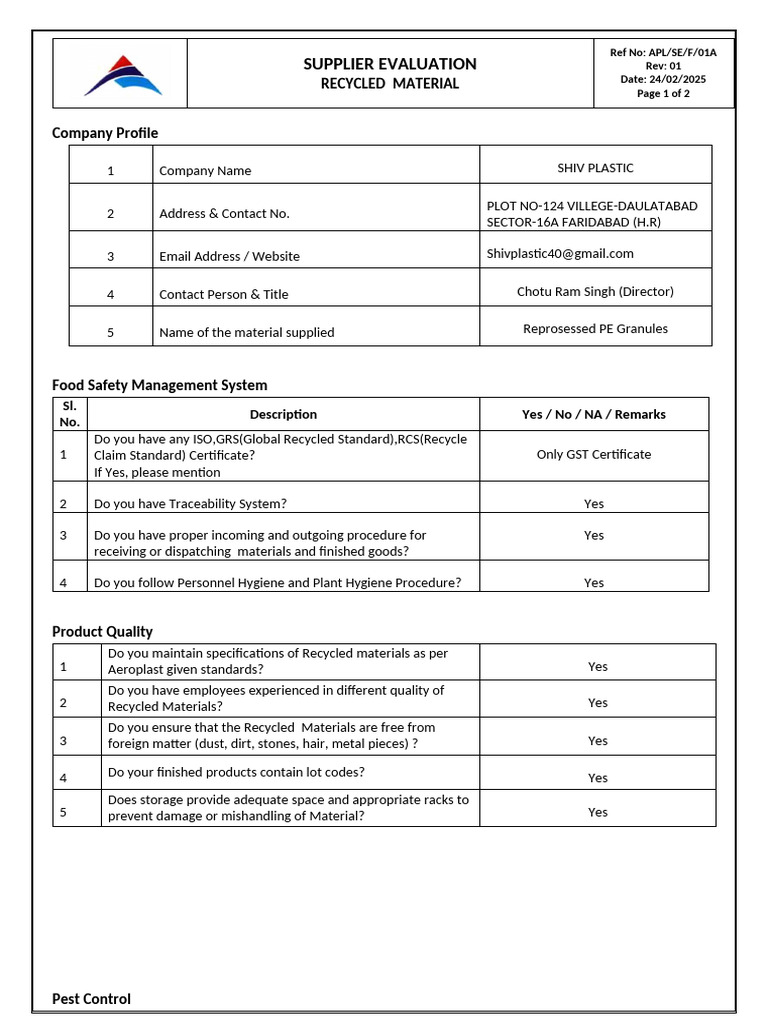 Supplier Evaluation Questionnaire - Recycle Material | PDF