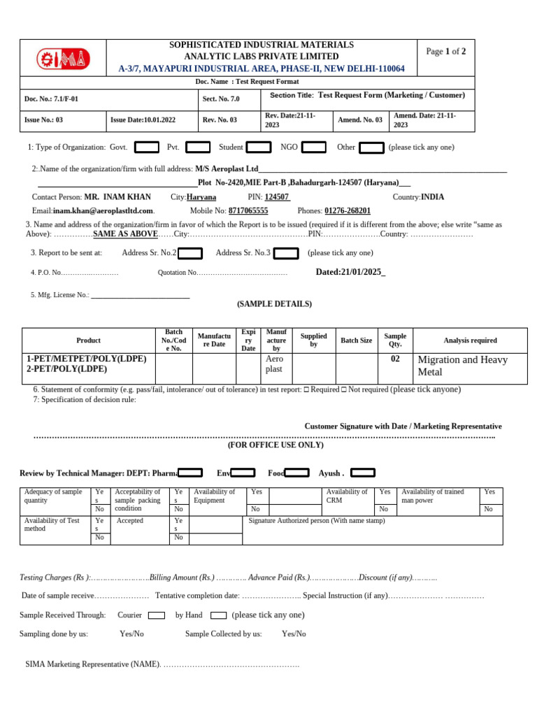 7.1F-01 Test Request Form SIMA As On 21-11-2023 | PDF