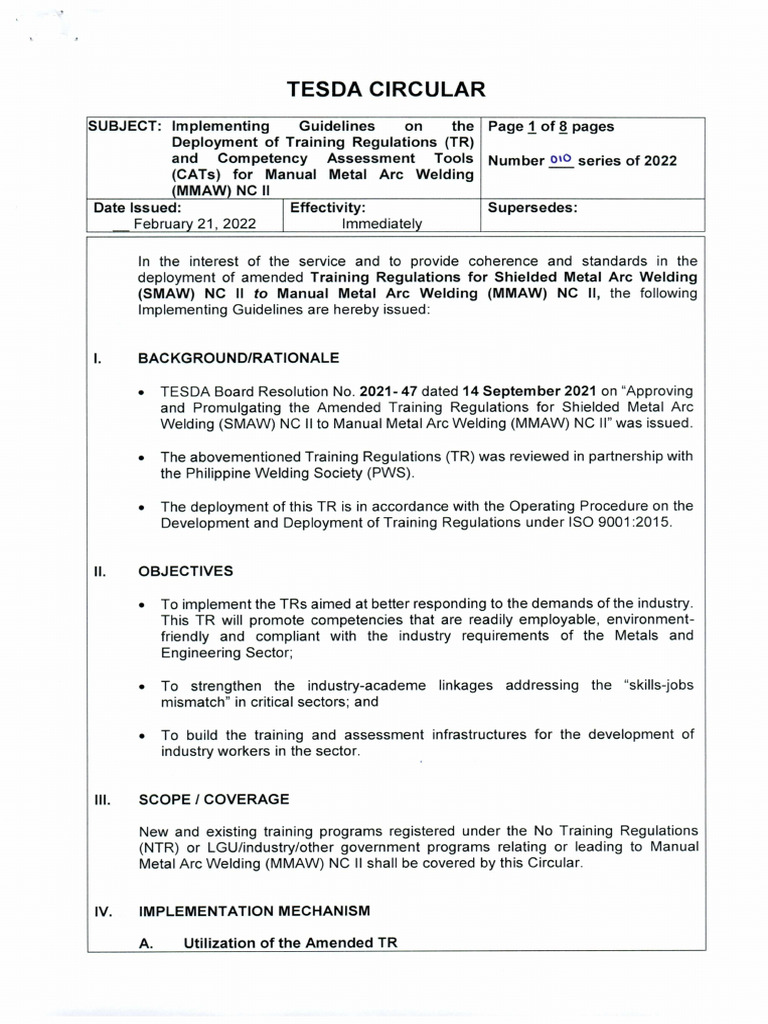 TESDA Circular No. 010-2022 | PDF | Welding | Construction