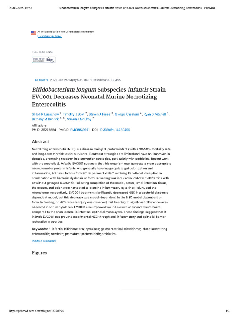 Bifidobacterium Longum Subspecies Infantis Strain EVC001 Decreases Neonatal Murine Necrotizing ...