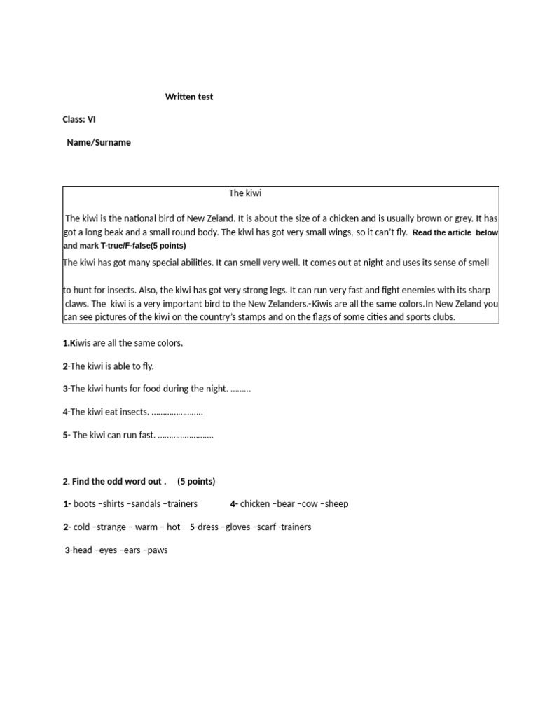 Kiwi Bird Facts and Test for Kids | PDF | Zoology