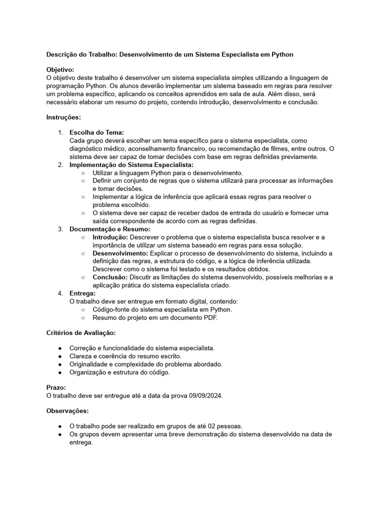 Trabalho - Sistemas Especialistas | PDF | Python (linguagem de ...