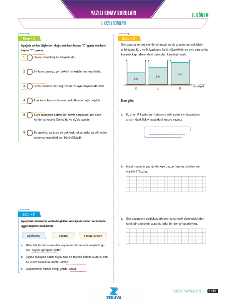9.sinif Fizik 2.donem 1.yazili Sorulari | PDF