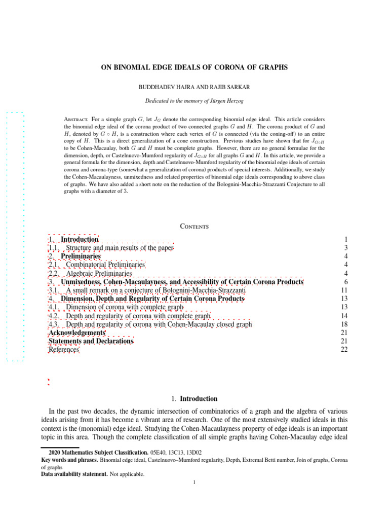 Binomial Edge Ideals of Corona Graphs | PDF | Vertex (Graph Theory) | Theoretical Computer Science