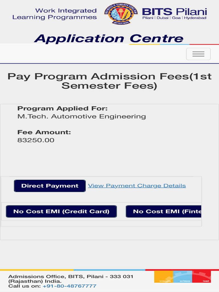BITS WILP - Pay Admission Fees | PDF