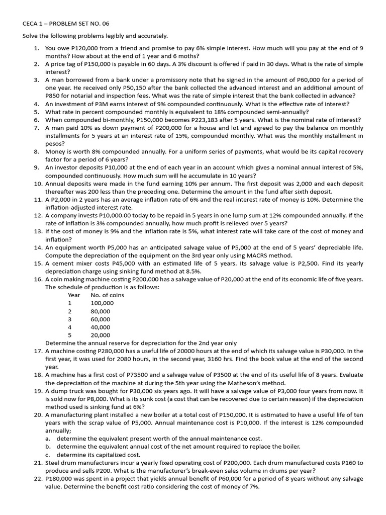 CECA 1 - Problem Set No. 06 | PDF | Interest | Depreciation