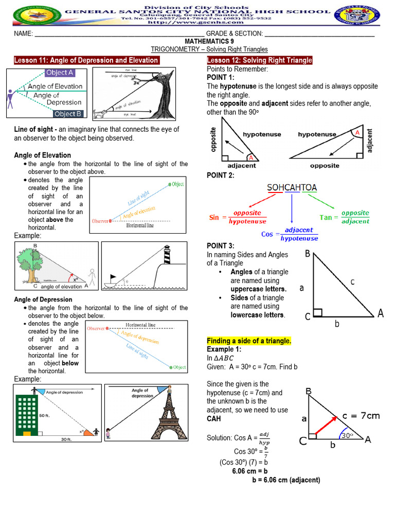 L11 L12 Q4 Angle of Elevationdepression and SOHCAHTOA | PDF | Triangle Geometry | Angle