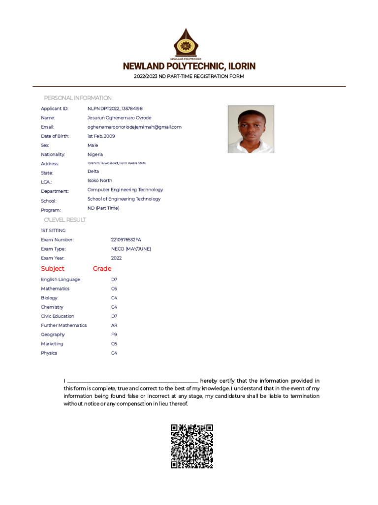 Newland Polytechnic, Ilorin - Application Form | PDF