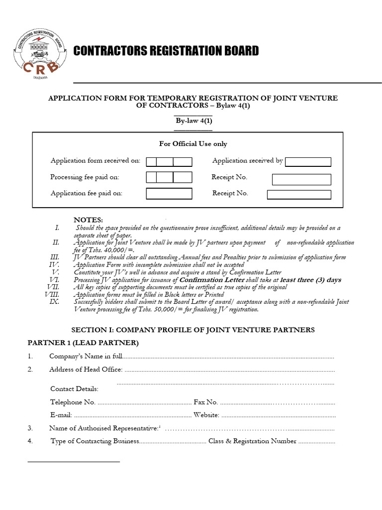 Joint Venture Registration Application Form | PDF | Joint Venture ...