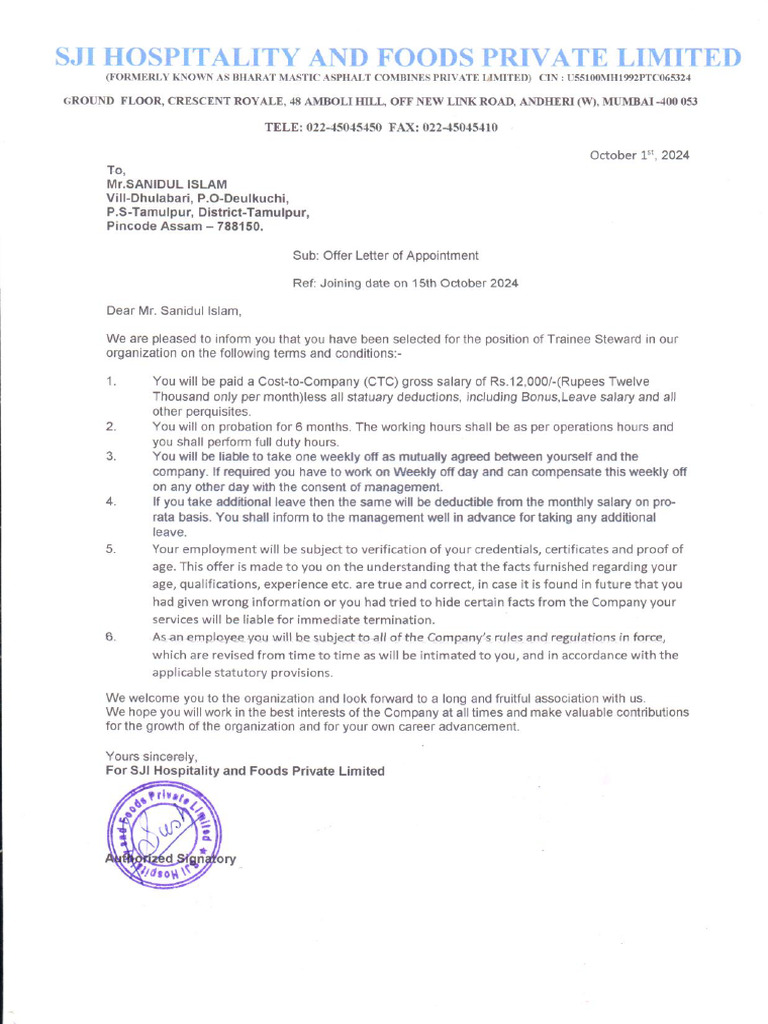 Sanidul Islam Offer Letter | PDF