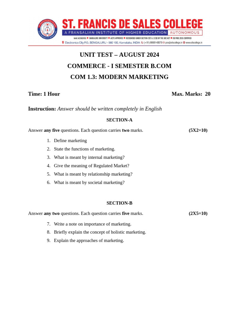 Modern Marketing 1st Internal QP | PDF