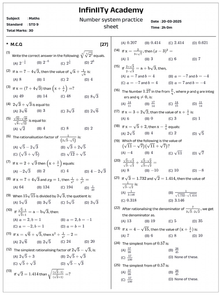 Number System Practice Sheet - 2025!03!20 | PDF