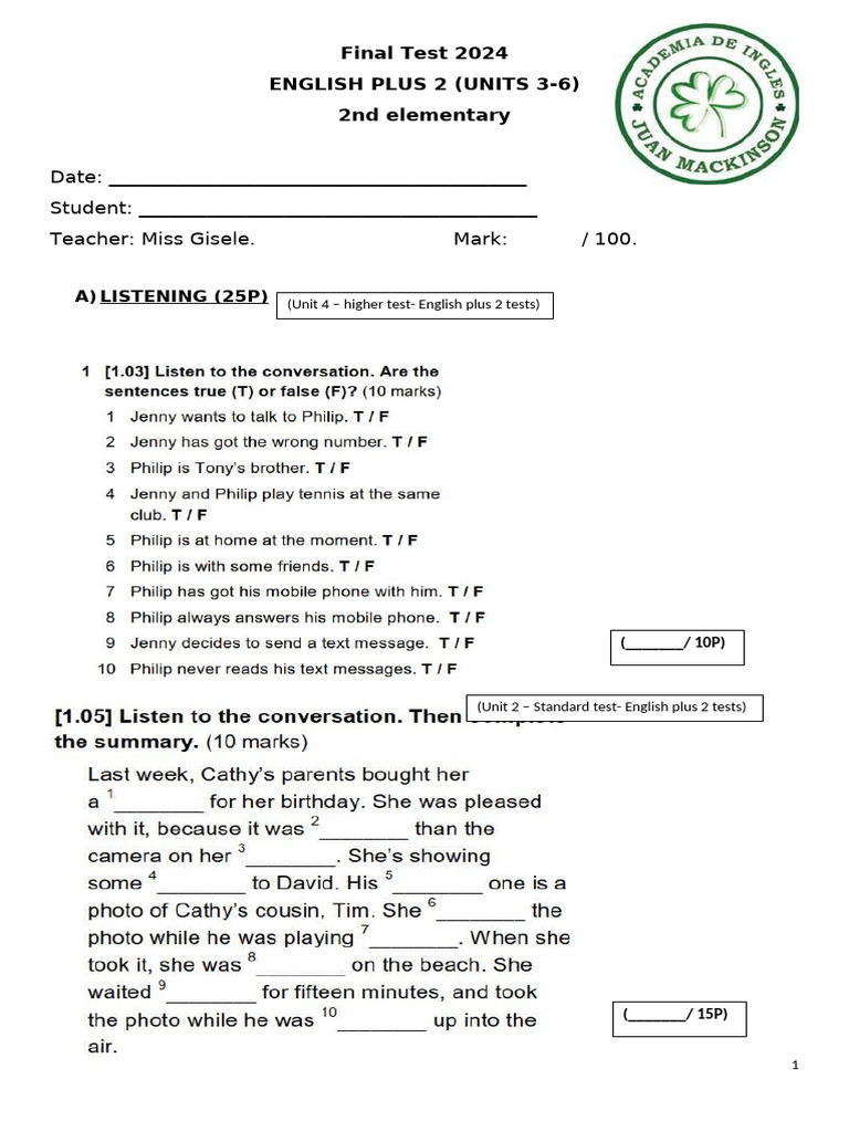 Final Test 2024 - 2nd Elem | PDF
